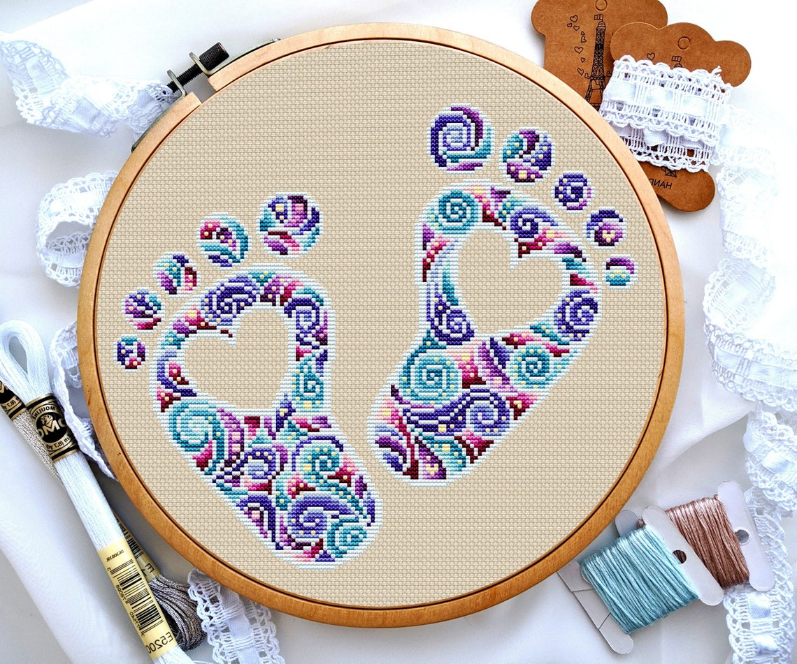 Mandala Baby Foot Cross Stitch Pattern, Baby Footprints Cross Stitch ...