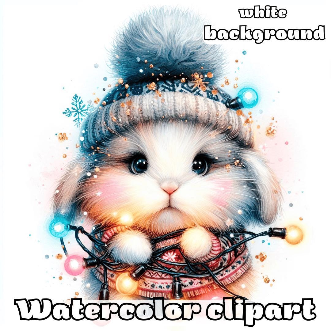 Cute Christmas Bunny Clipart Set Watercolor Rabbits in Winter Hats for ...