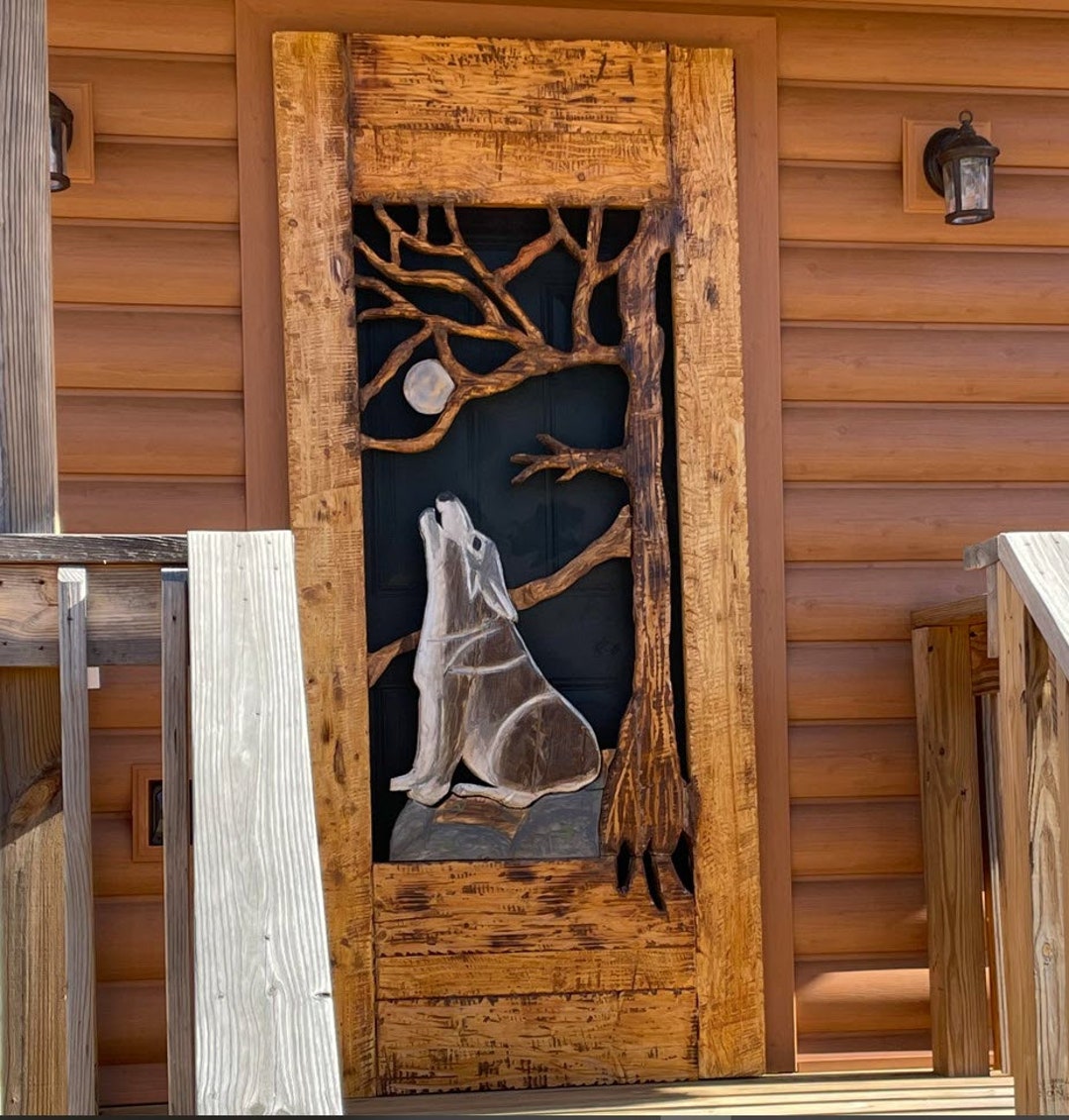 Rustic Hand Carved Wolf Howling at the Moon Screen Door - Etsy