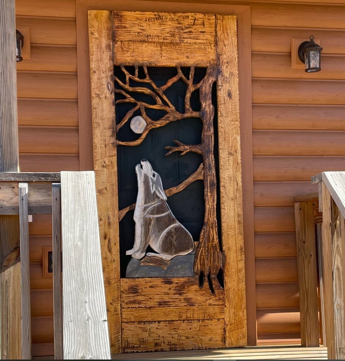 Rustic Hand Carved Wolf Howling at the Moon Screen Door - Etsy