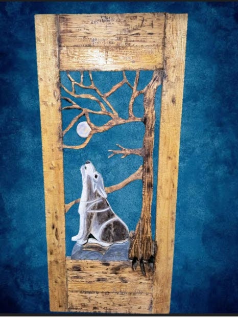 Rustic Hand Carved Wolf Howling at the Moon Screen Door - Etsy