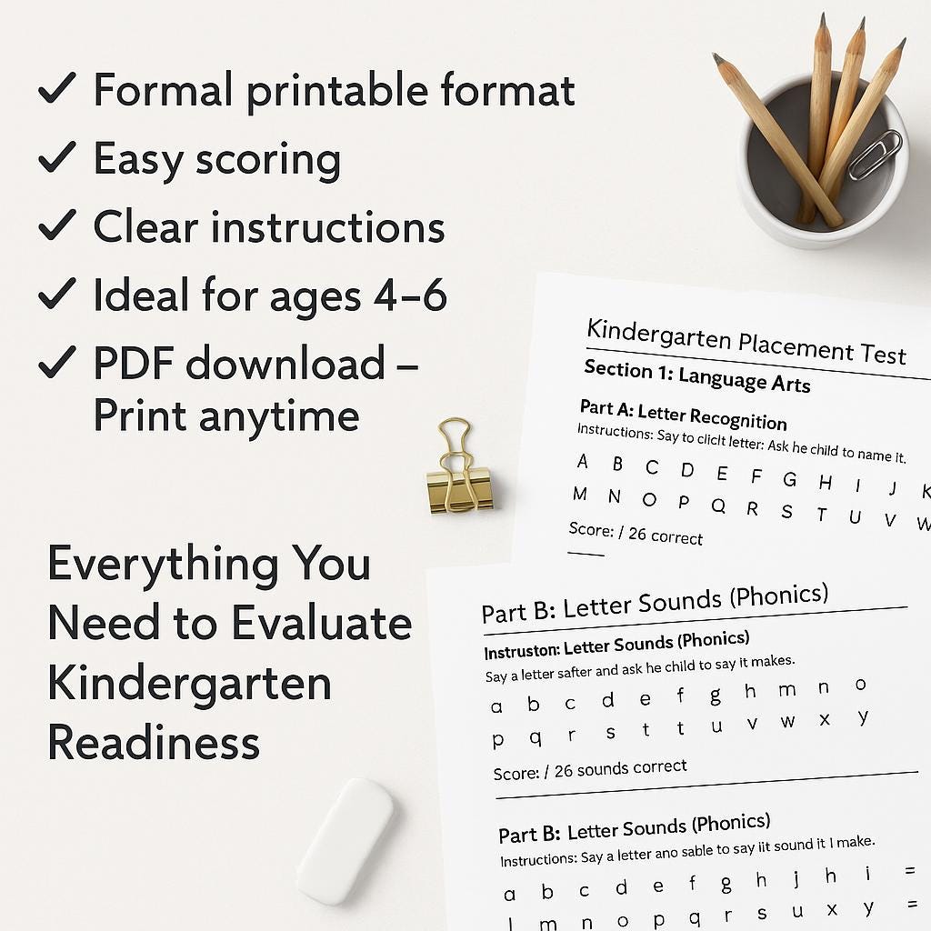 Kindergarten Placement Test Printable – Homeschool Assessment Bundle ...