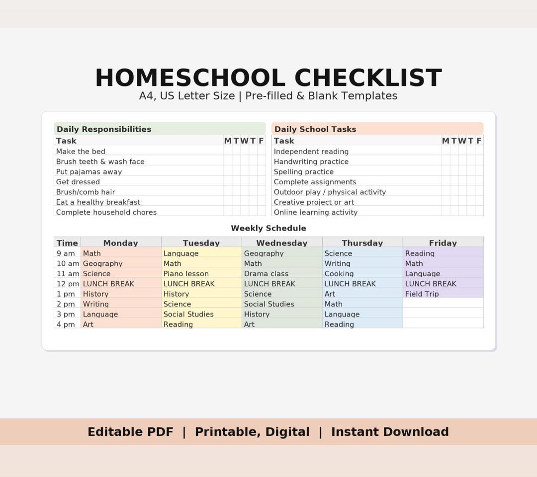 Editable Homeschool Checklist: Daily & Weekly Planner (digital Download ...