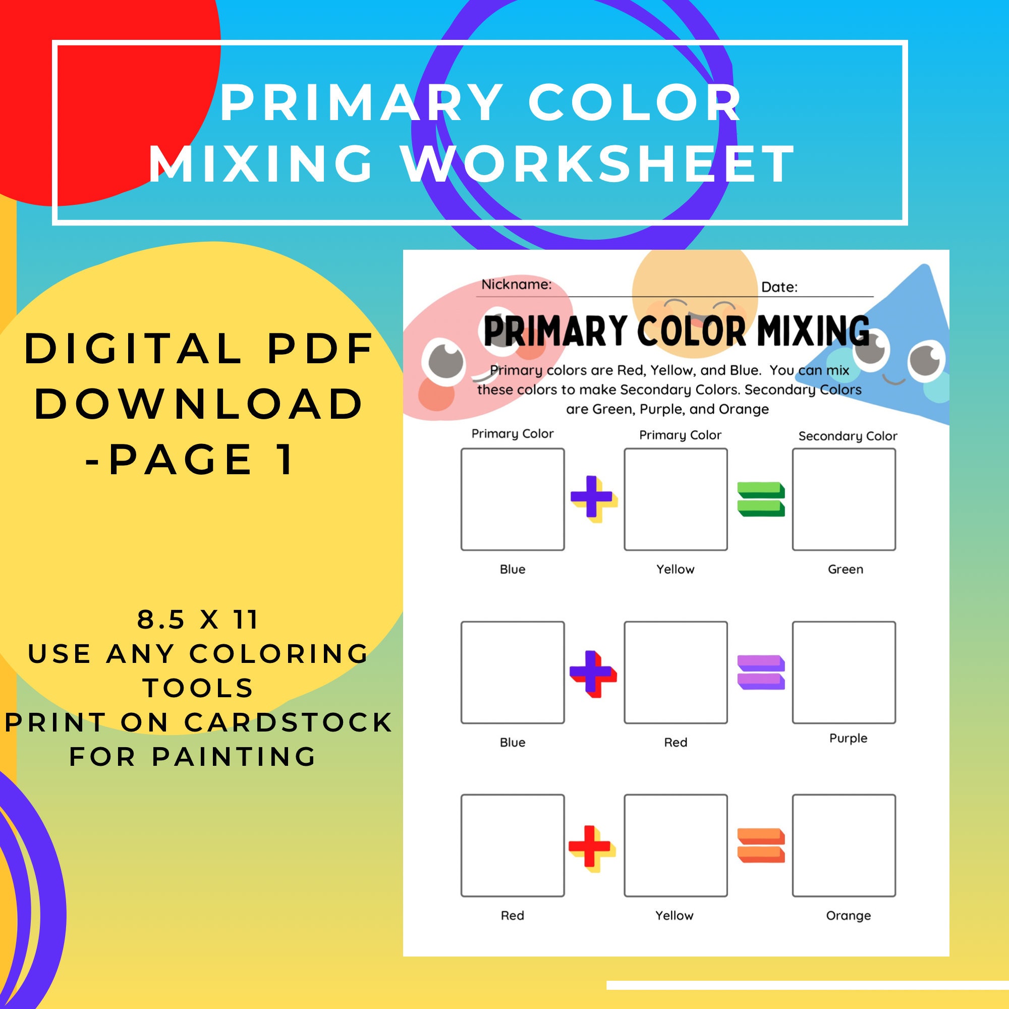 Primary Color Mixing Worksheet | Art Worksheet | Primary Secondary ...