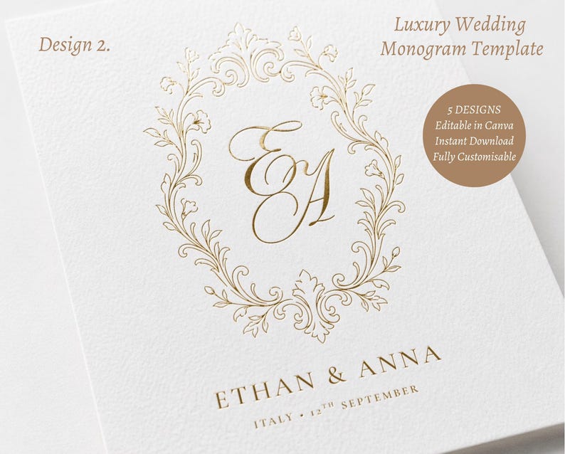 Luxury Wedding Monogram Template Pack, Editable Canva Wedding Crest ...