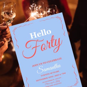 Hello Forty Invitation, 40th Birthday Party Invite, Red & Blue Vibrant ...