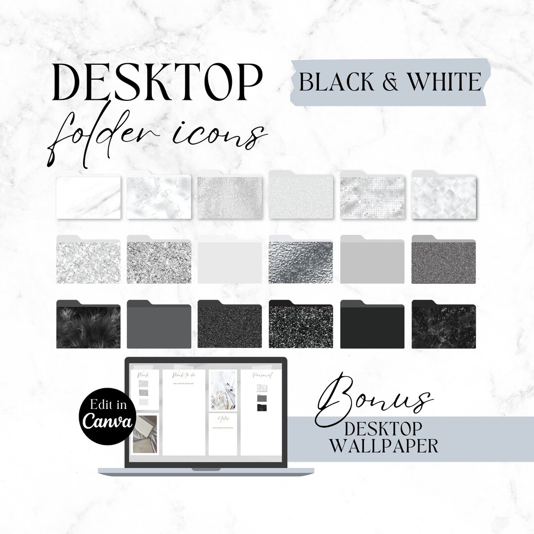 Desktop Icons Black and White, Aesthetic MacBook Folders, Glitter ...