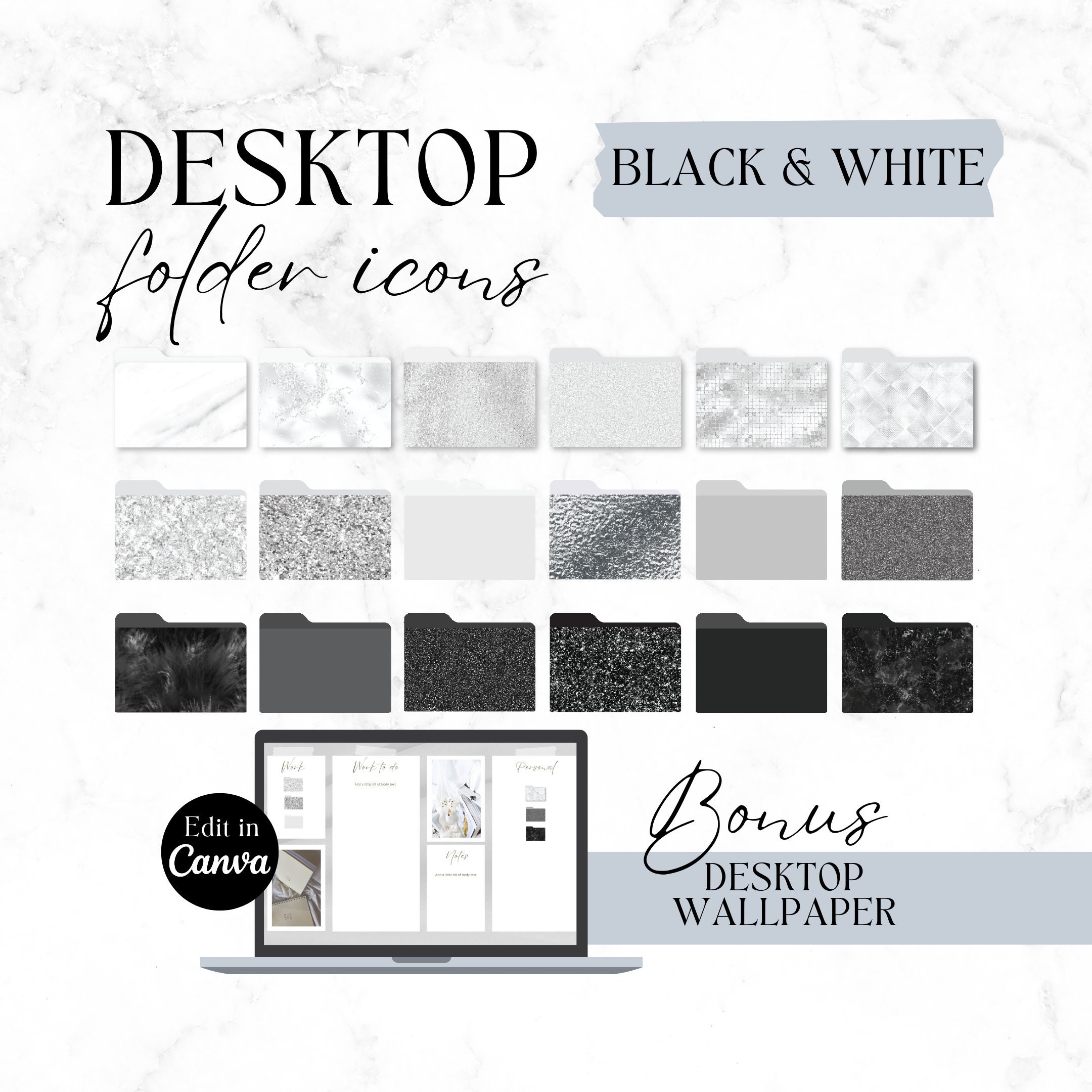 Black and White Desktop Icons: Minimalist Mac & PC Folders (digital ...