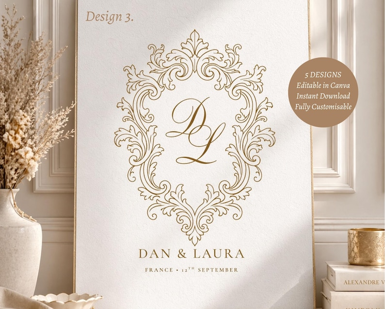 Luxury Wedding Monogram Template Pack, Editable Canva Wedding Crest ...