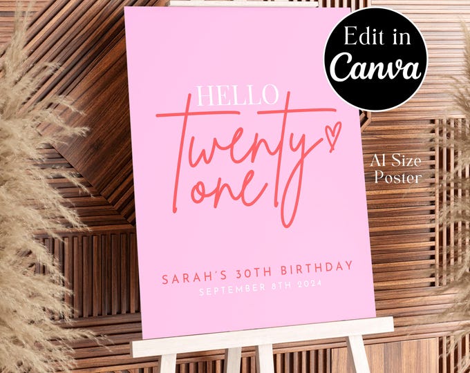 21st Birthday Party Poster: Pink Welcome Sign (canva Template) - Etsy