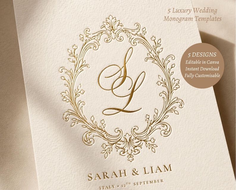 Luxury Wedding Monogram Template Pack, Editable Canva Wedding Crest ...