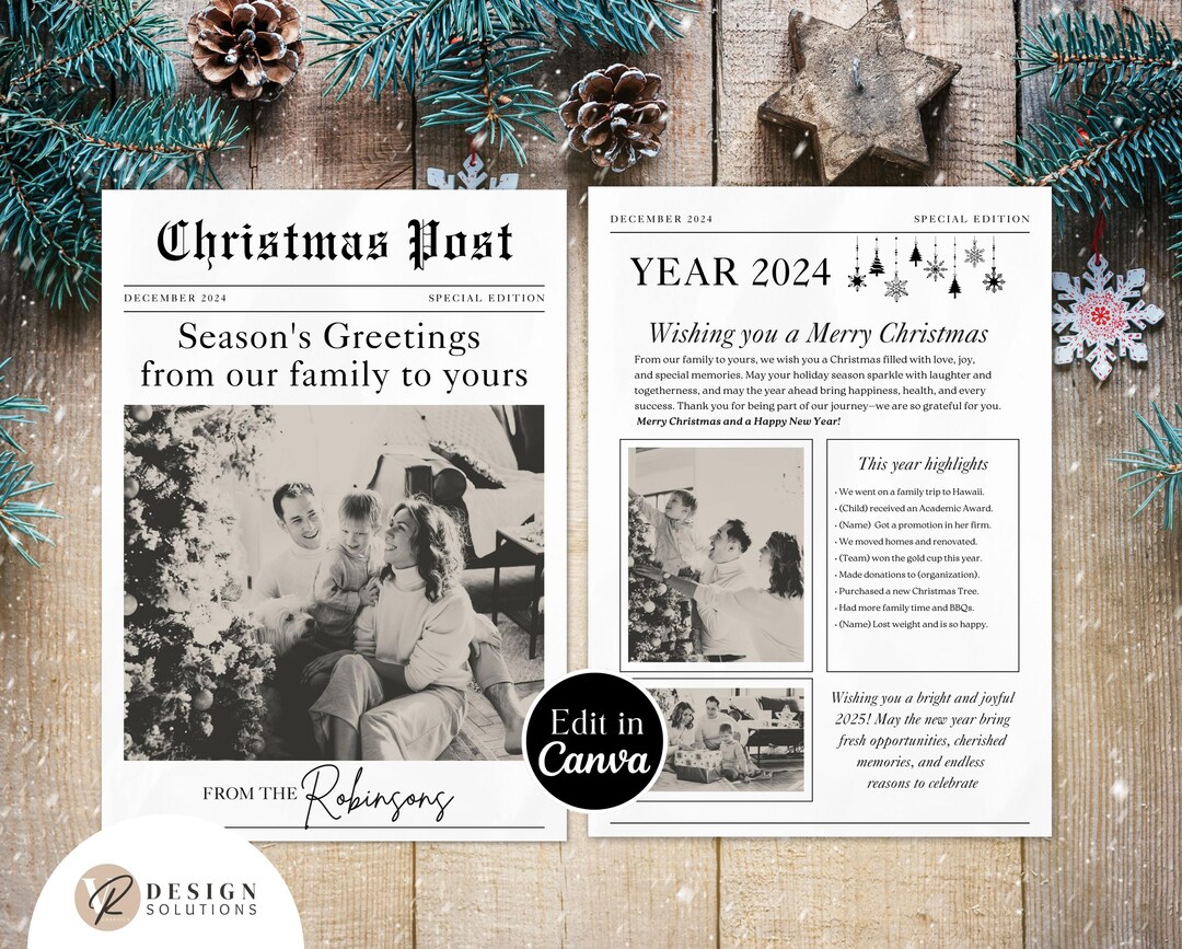 Editable Christmas Newspaper Card | Year in Review Template | Digital ...