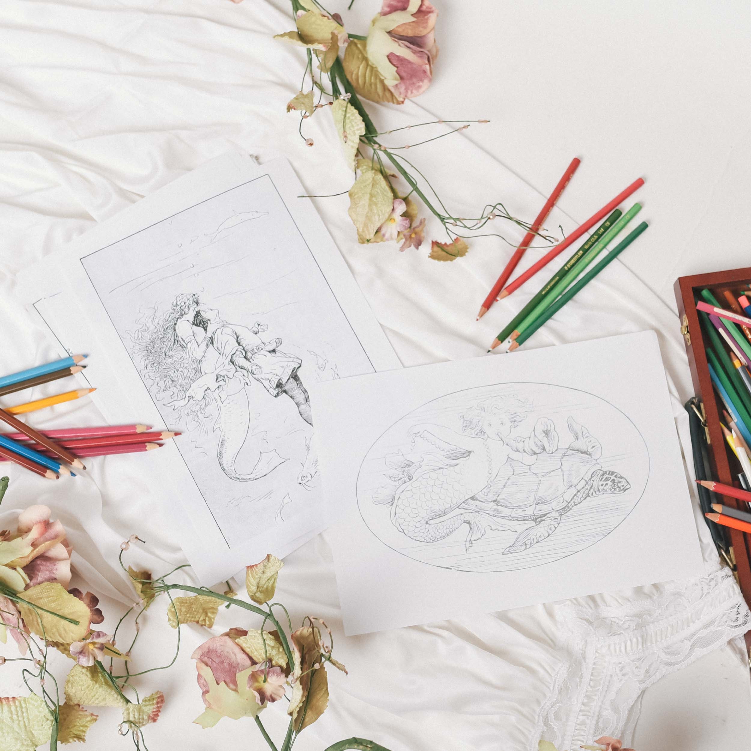 Mermaids & Merfolk Coloring Pages Vintage Siren Illustration Printable ...