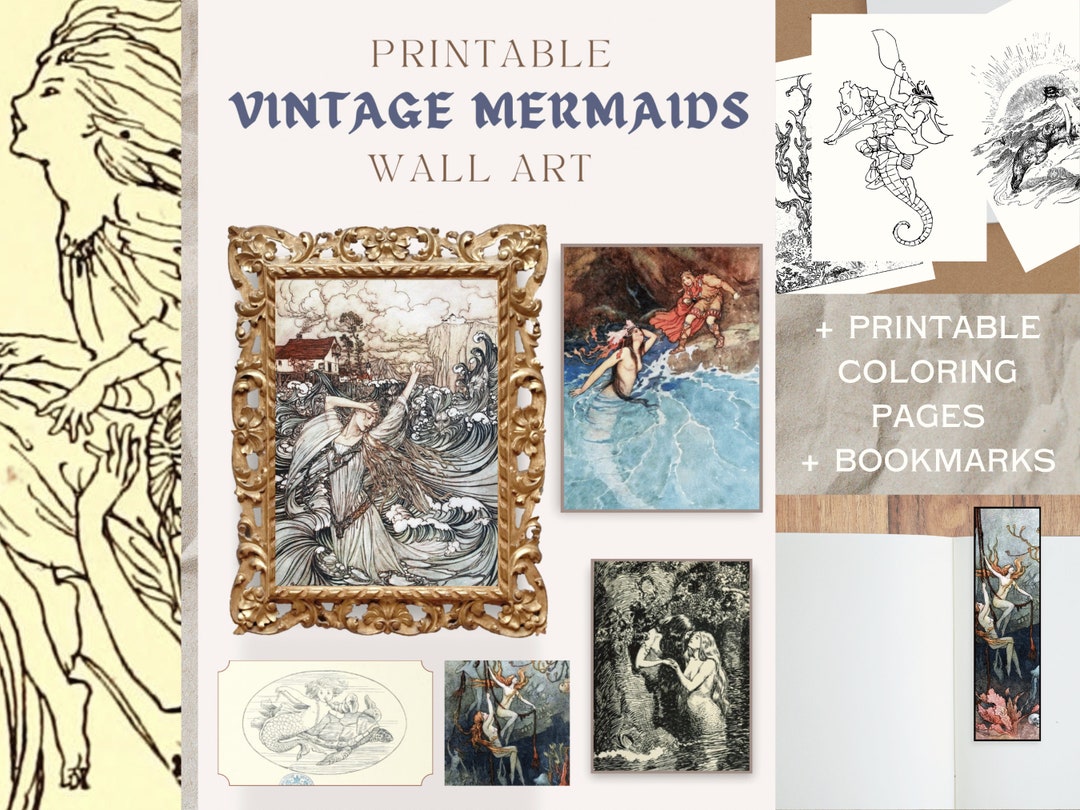 Mermaids & Merfolk Coloring Pages Vintage Siren Illustration Printable ...