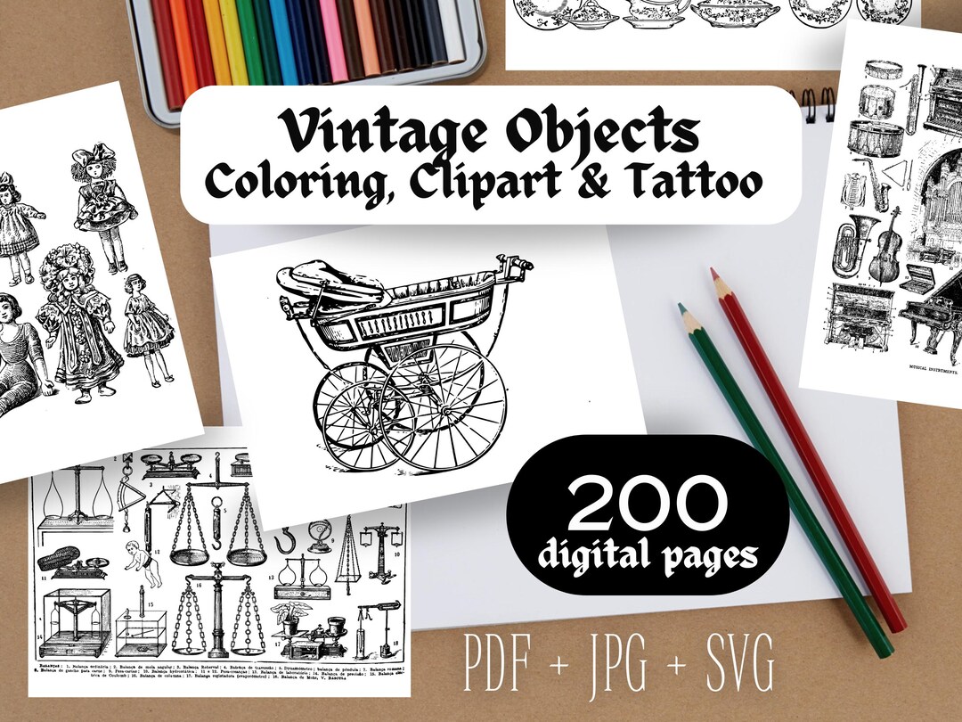 Vintage Objects Coloring Pages | Victorian Illustrations Book Digital ...