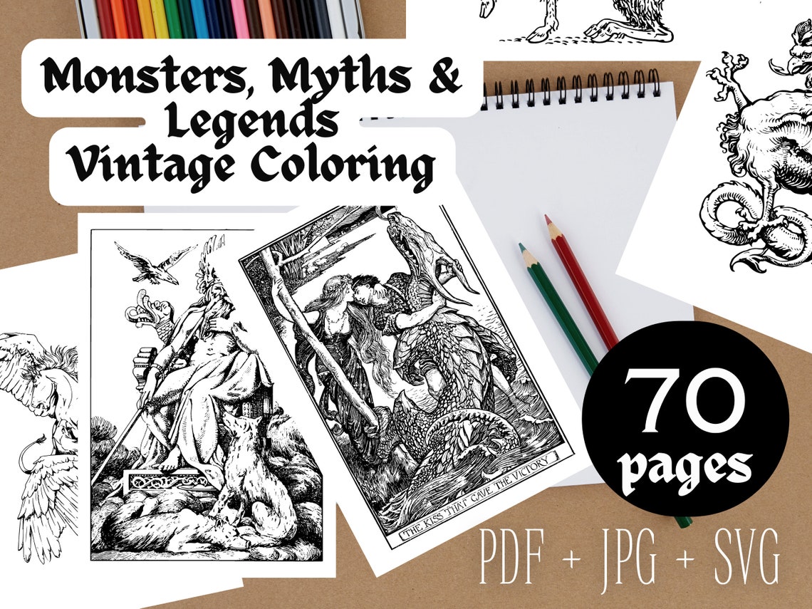 Monsters, Myths & Legends Coloring Pages Vintage Illustrations ...