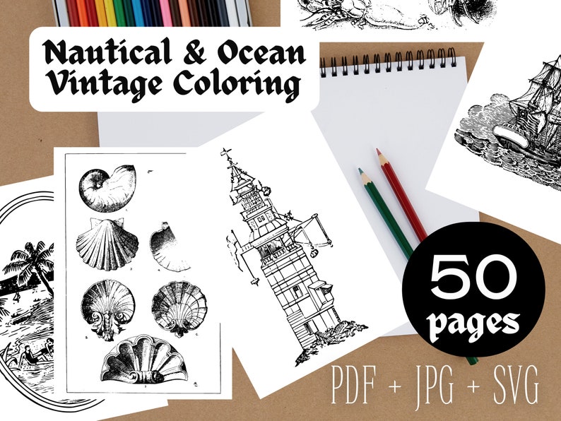 Nautical & Ocean Coloring Pages Vintage Oceancore - Etsy