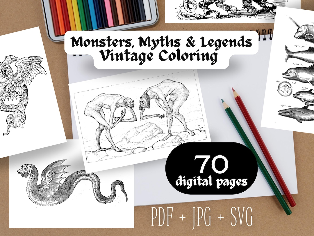 Monsters, Myths & Legends Coloring Pages Vintage Illustrations ...