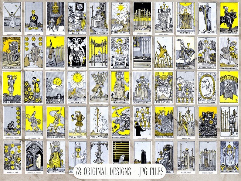 Tarot Deck Coloring Set Printable Vintage Tarot Cards Illustration