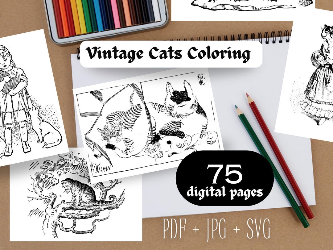 Vintage Cat Coloring Pages Illustration Set 1800s Wall Art Collection ...