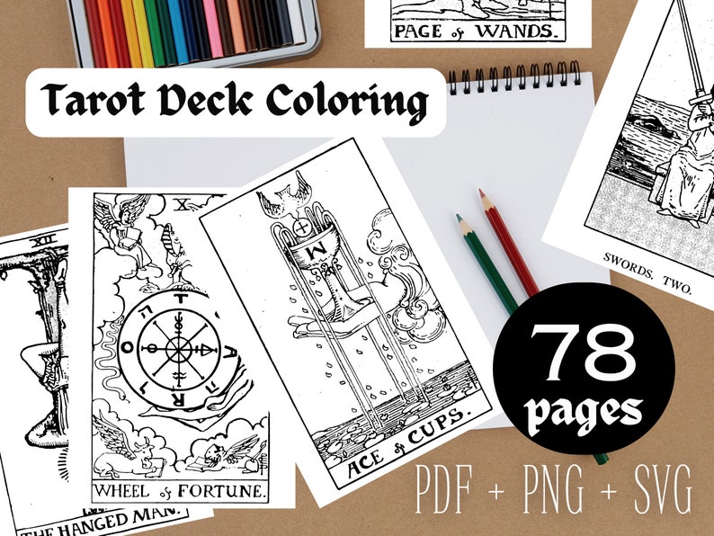 Tarot Deck Coloring Set Printable Vintage Tarot Cards Illustration ...