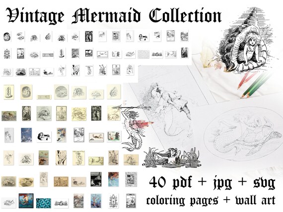 Mermaids & Merfolk Coloring Pages Vintage Siren Illustration - Etsy