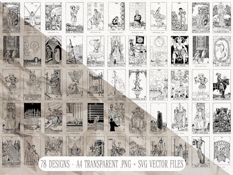 Tarot Deck Coloring Set Printable Vintage Tarot Cards Illustration ...