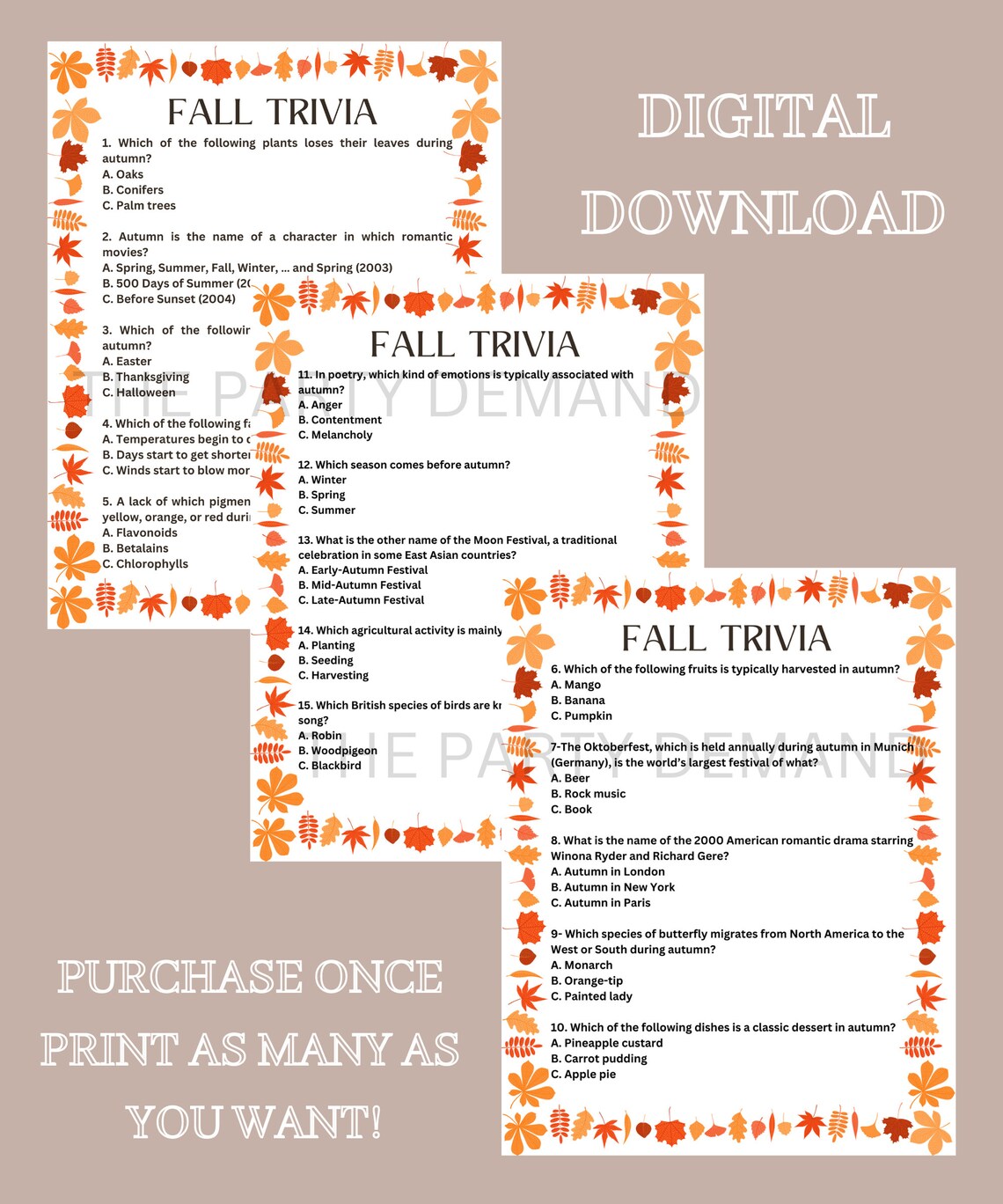 Fall Trivia Games Printable Autumn Game Thanksgiving Trivia Game ...