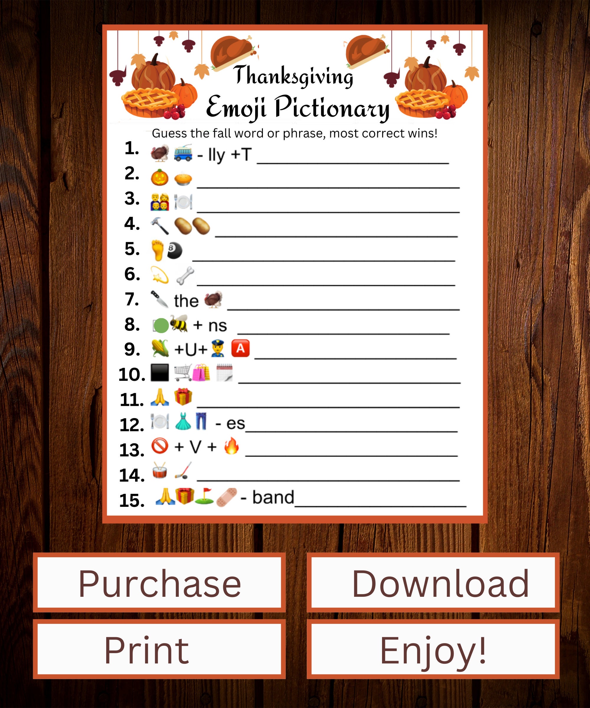 Thanksgiving Emoji Pictionary Game - Thanksgiving Printable Party Games ...