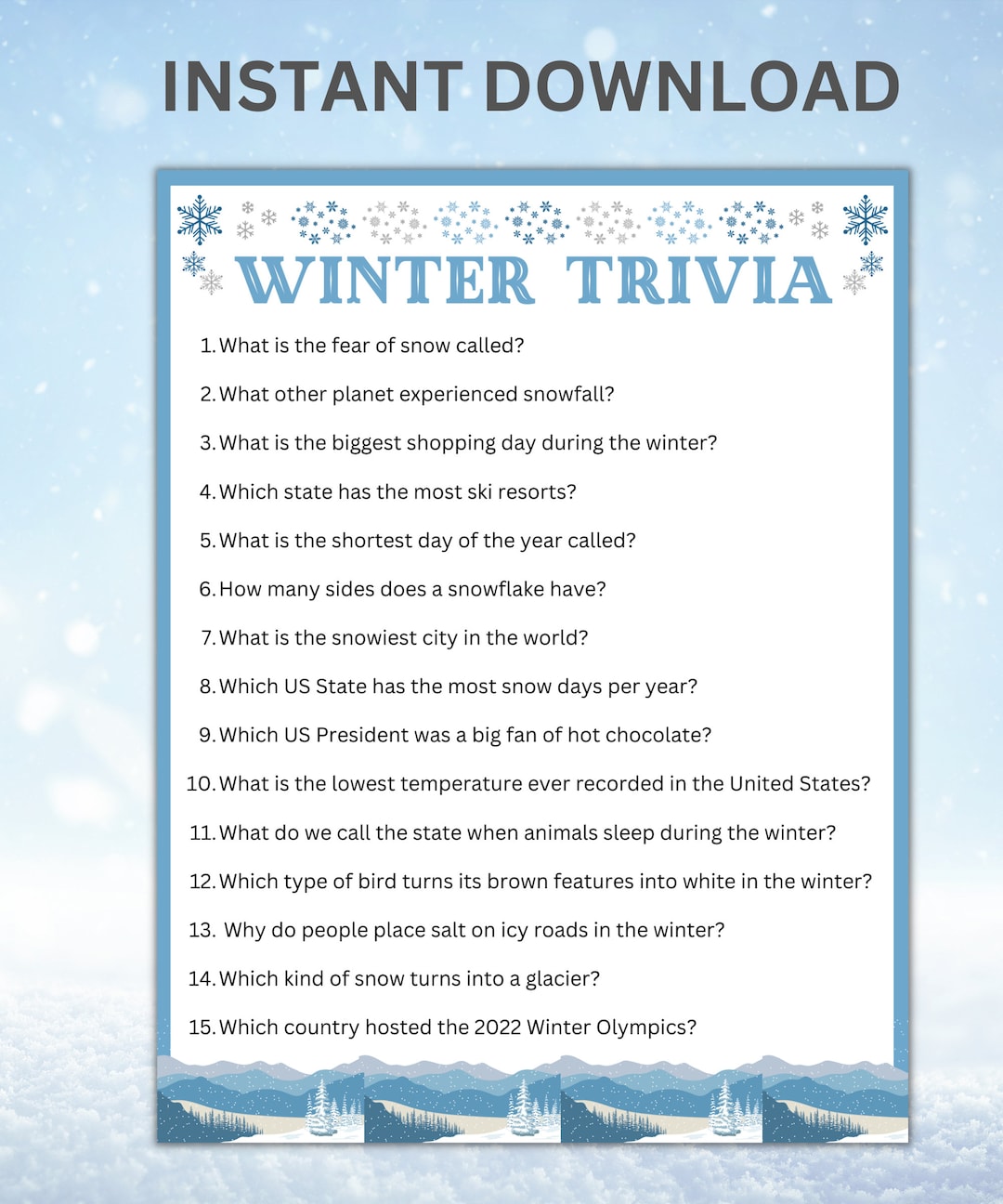 Winter Trivia Game - Printable Winter Games - Winter Activities ...