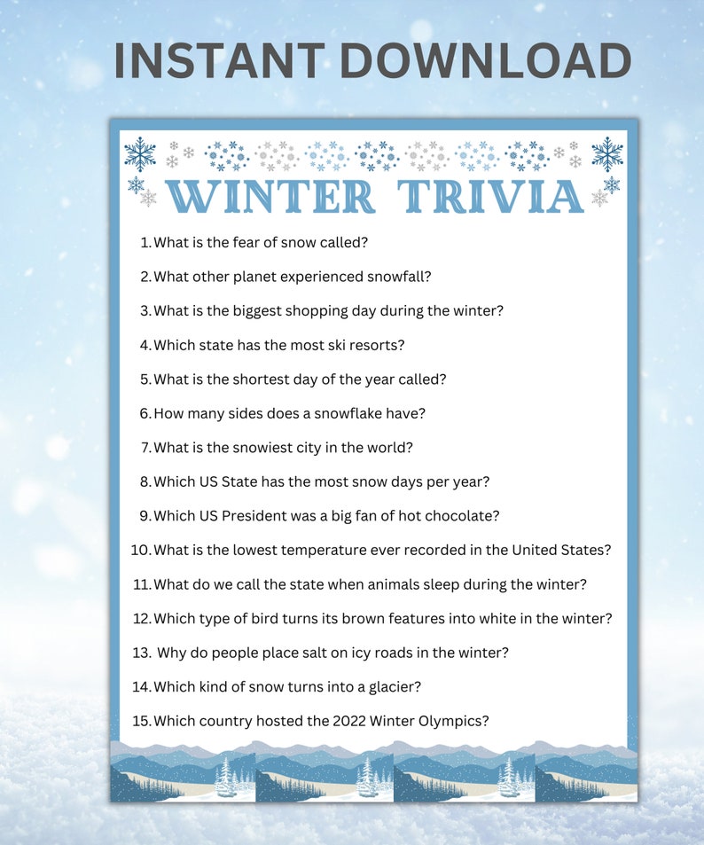 Winter Trivia Game - Printable Winter Games - Winter Activities ...