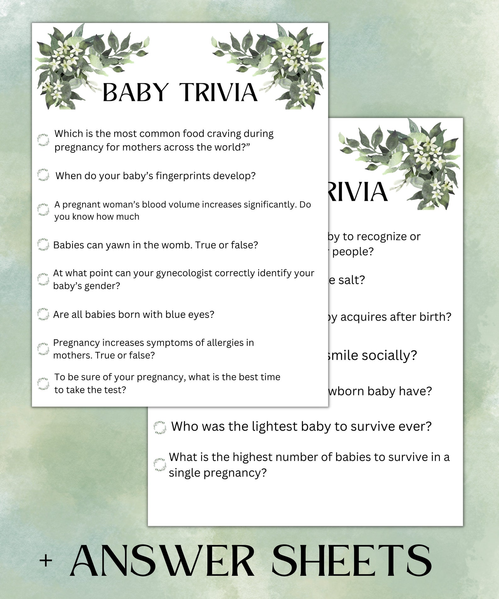 Greenery Baby Trivia Game, Baby Shower Trivia, Baby Shower Games ...