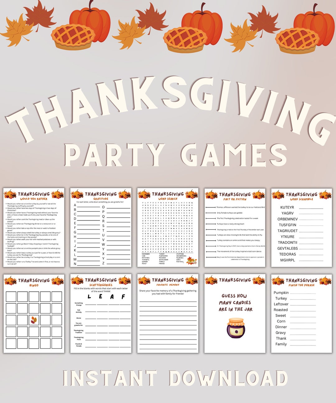 Thanksgiving Party Games Printable Fall Fun Game Bundle Thanksgiving ...