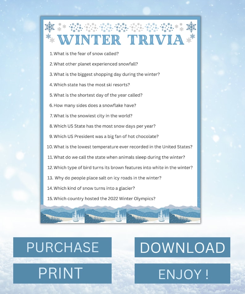 Winter Trivia Game - Printable Winter Games - Winter Activities ...
