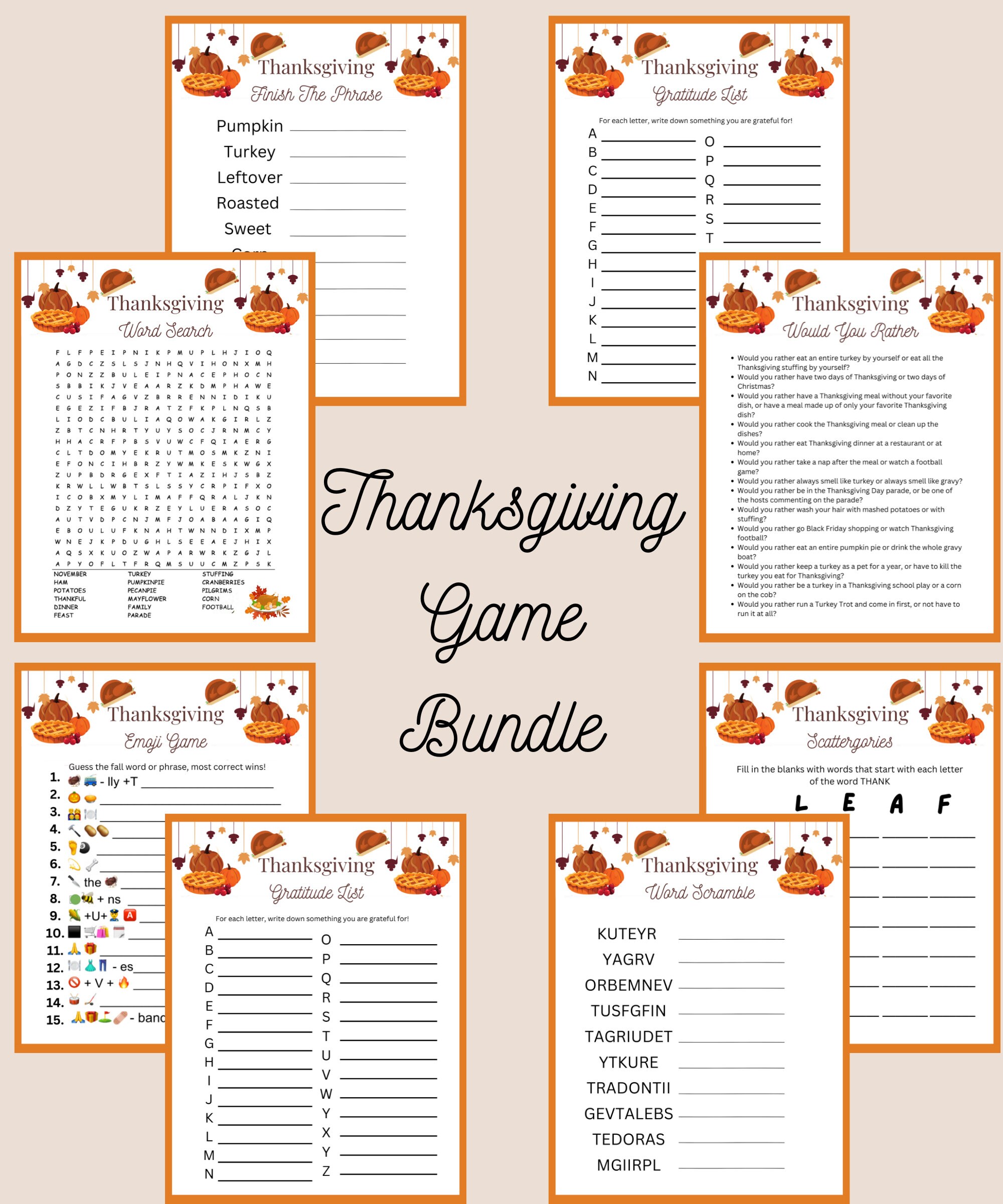 Thanksgiving Printable Games Bundle - Thanksgiving Party Games ...