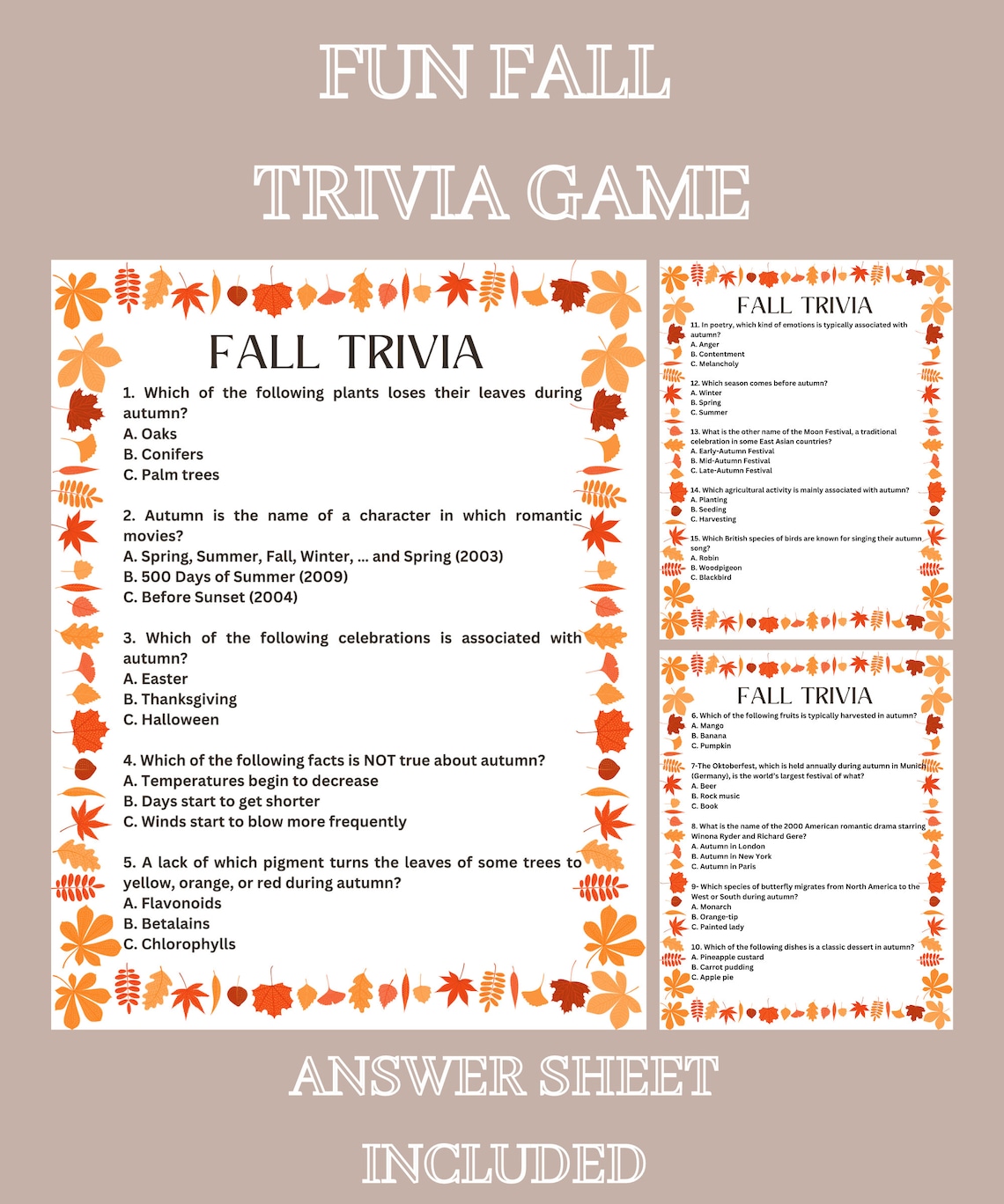 Fall Trivia Games Printable Autumn Game Thanksgiving Trivia Game ...