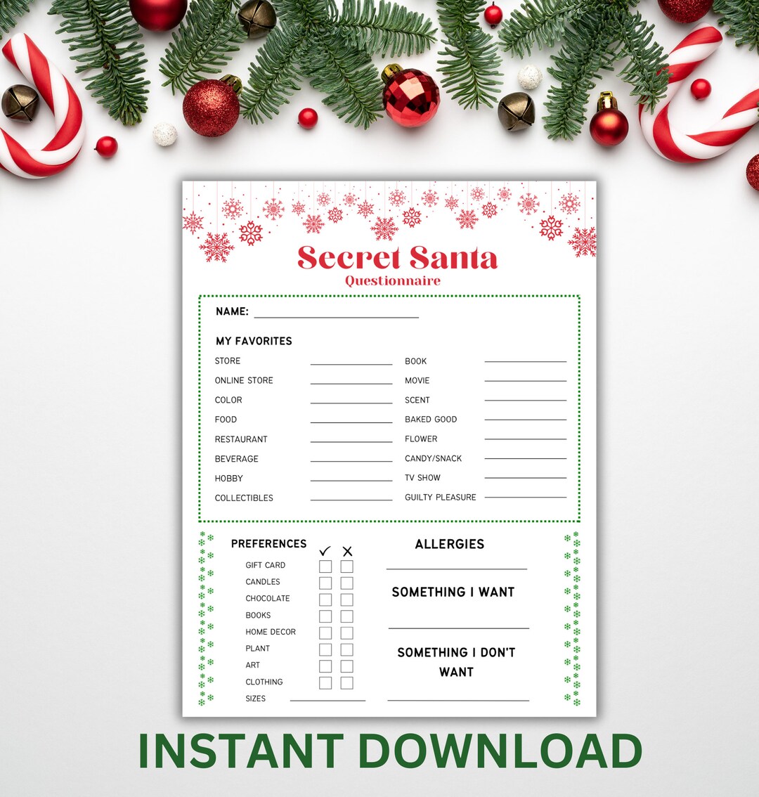 Secret Santa Questionnaire Printable Holiday Gift Exchange - Etsy