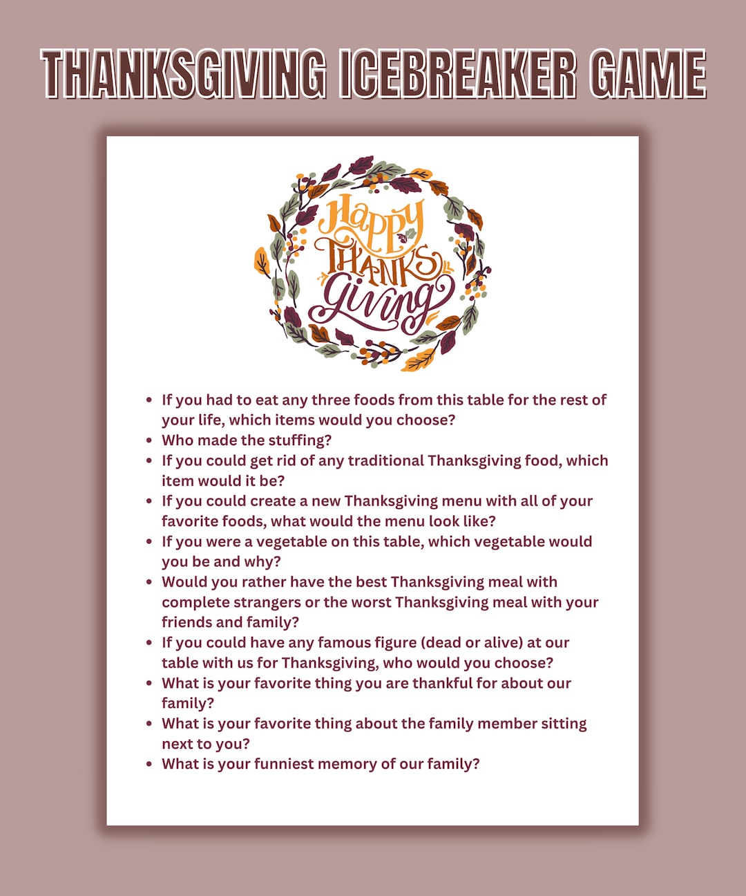 Thanksgiving Icebreaker Game printable Thanksgiving Games Autumn Games ...