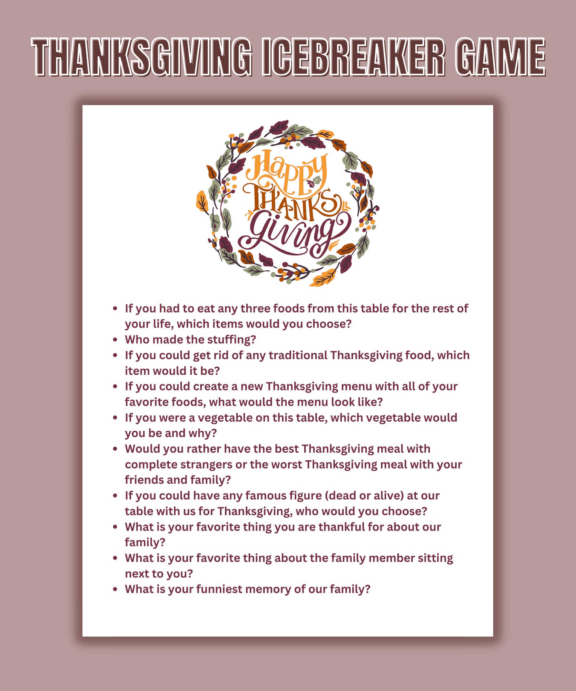 Thanksgiving Icebreaker Game printable Thanksgiving Games Autumn Games ...