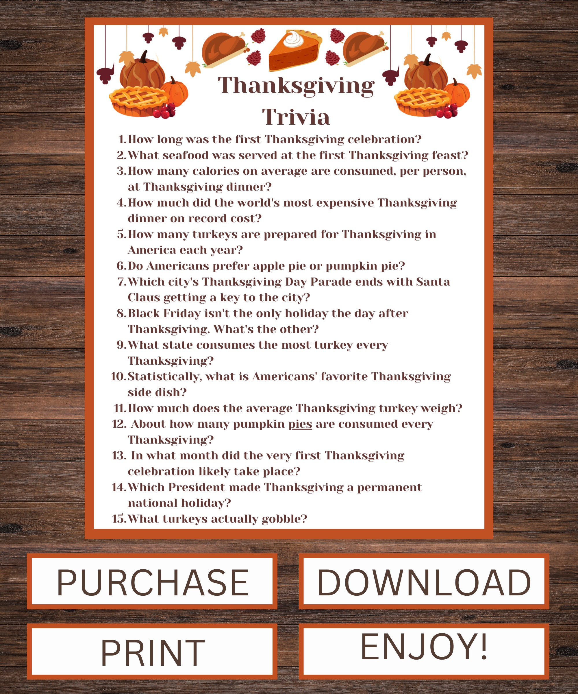 Thanksgiving Trivia Game -thanksgiving Printable Games - Trivia Game ...