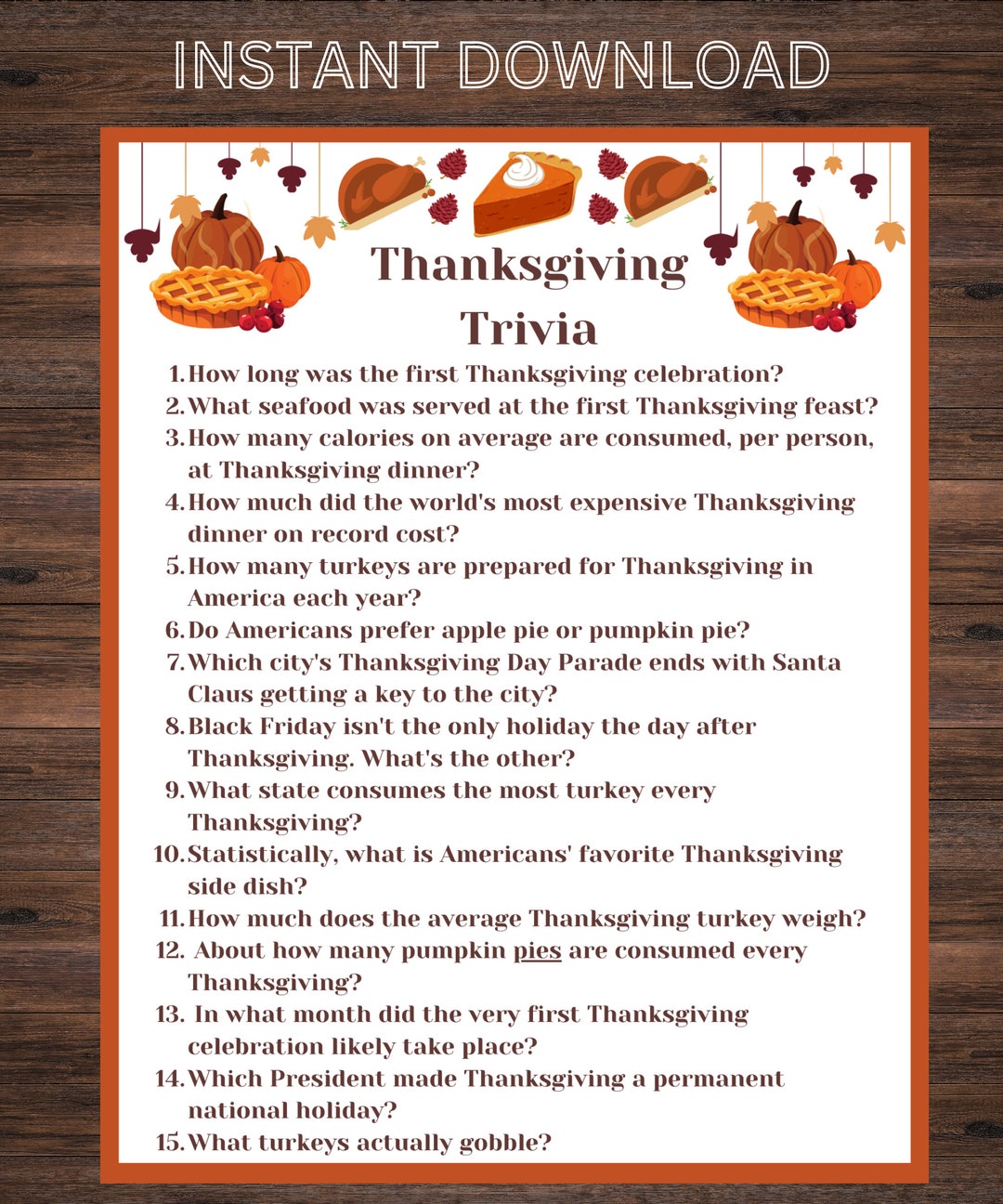 Thanksgiving Trivia Game -thanksgiving Printable Games - Trivia Game ...