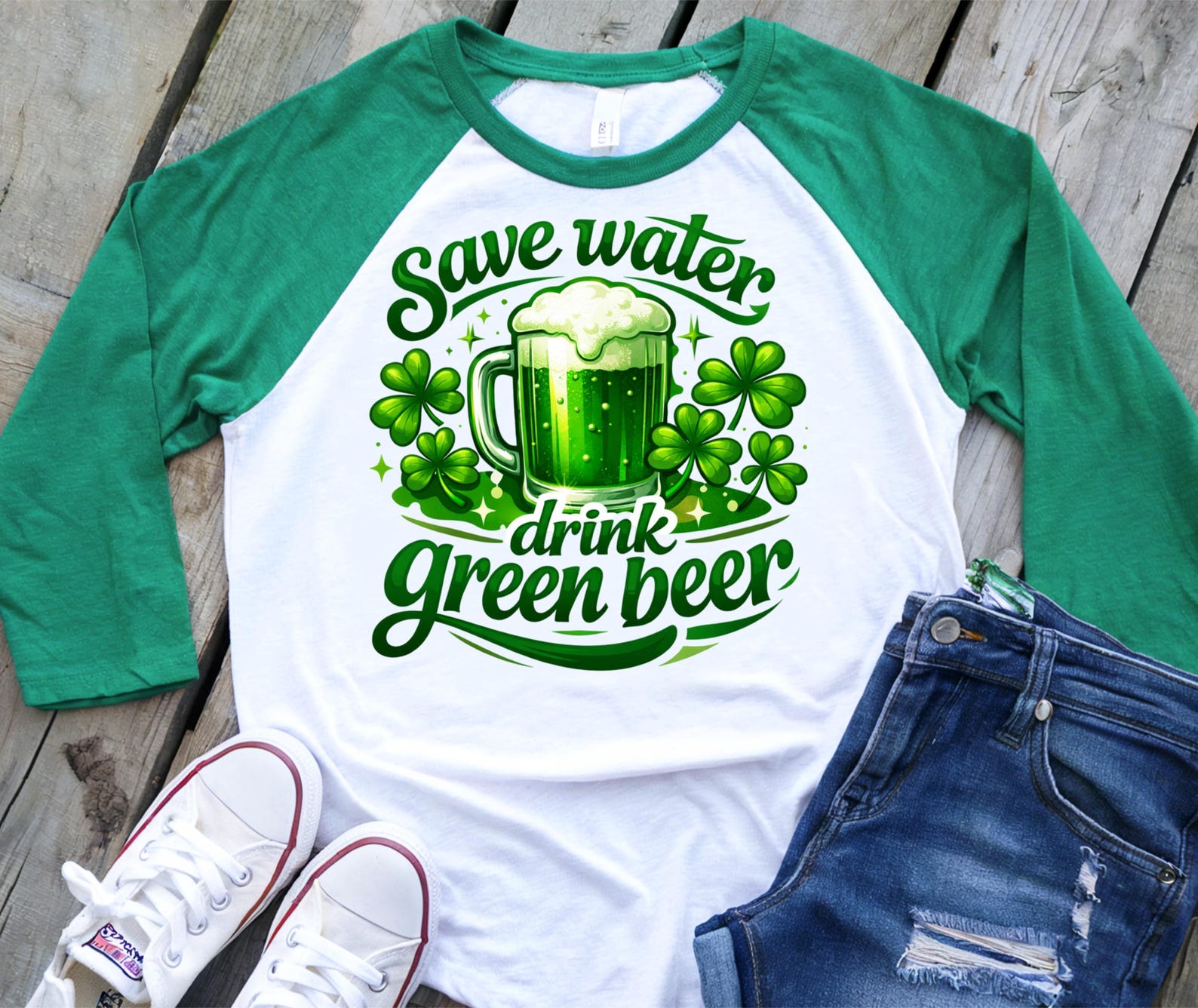 Save Water Drink Green Beer Raglan Shirt | St. Patrick's Day Shamrock ...