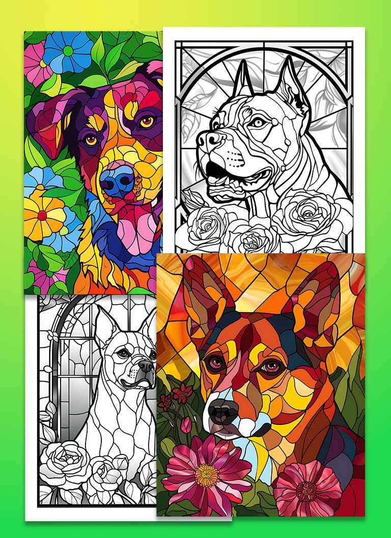 150 Stained Glass Dog Adult Coloring Pages - Etsy