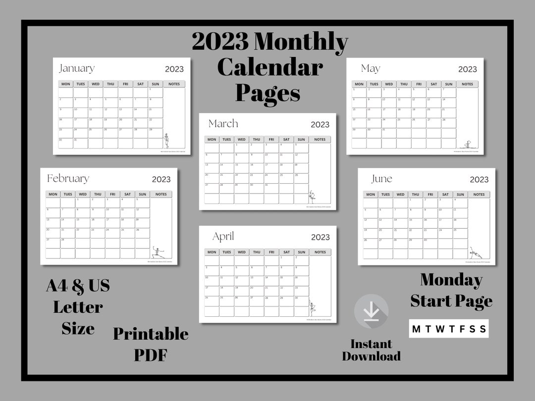 Monday Start 2023 Calendar Monthly Pages Printable PDF A4 - Etsy