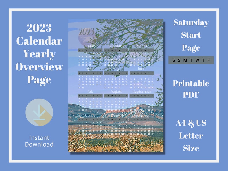 2023 Calendar Yearly Overview Page Saturday Start Printable - Etsy