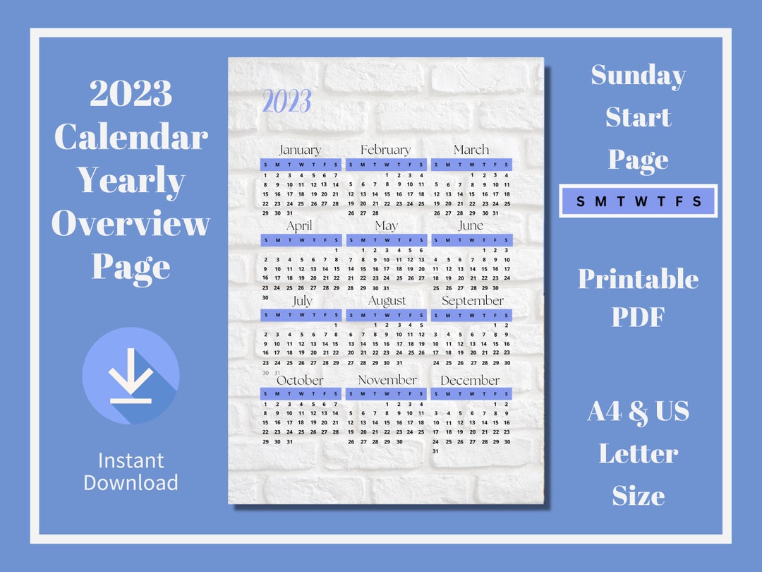 2023 Calendar Yearly Overview Page, Sunday Start, Printable PDF, A4 ...