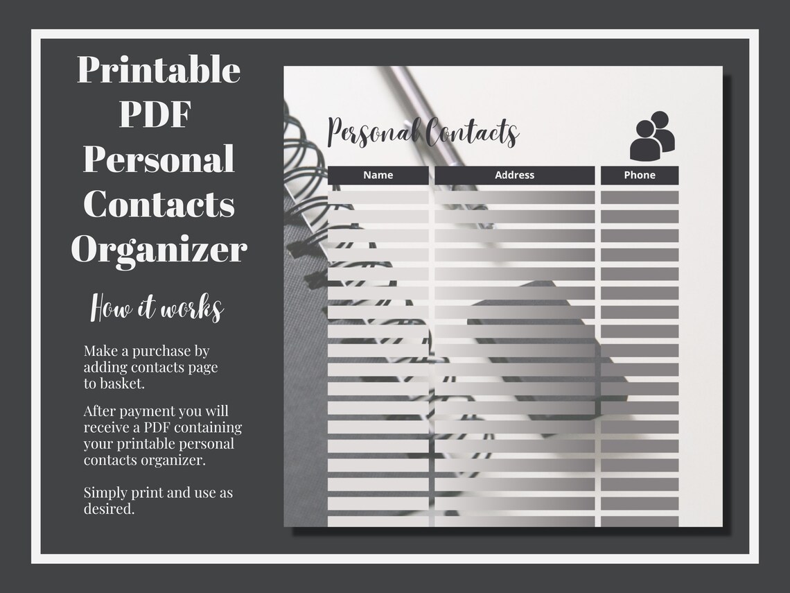 Personal Contacts Organizer, Name, Address and Phone Number Contact ...