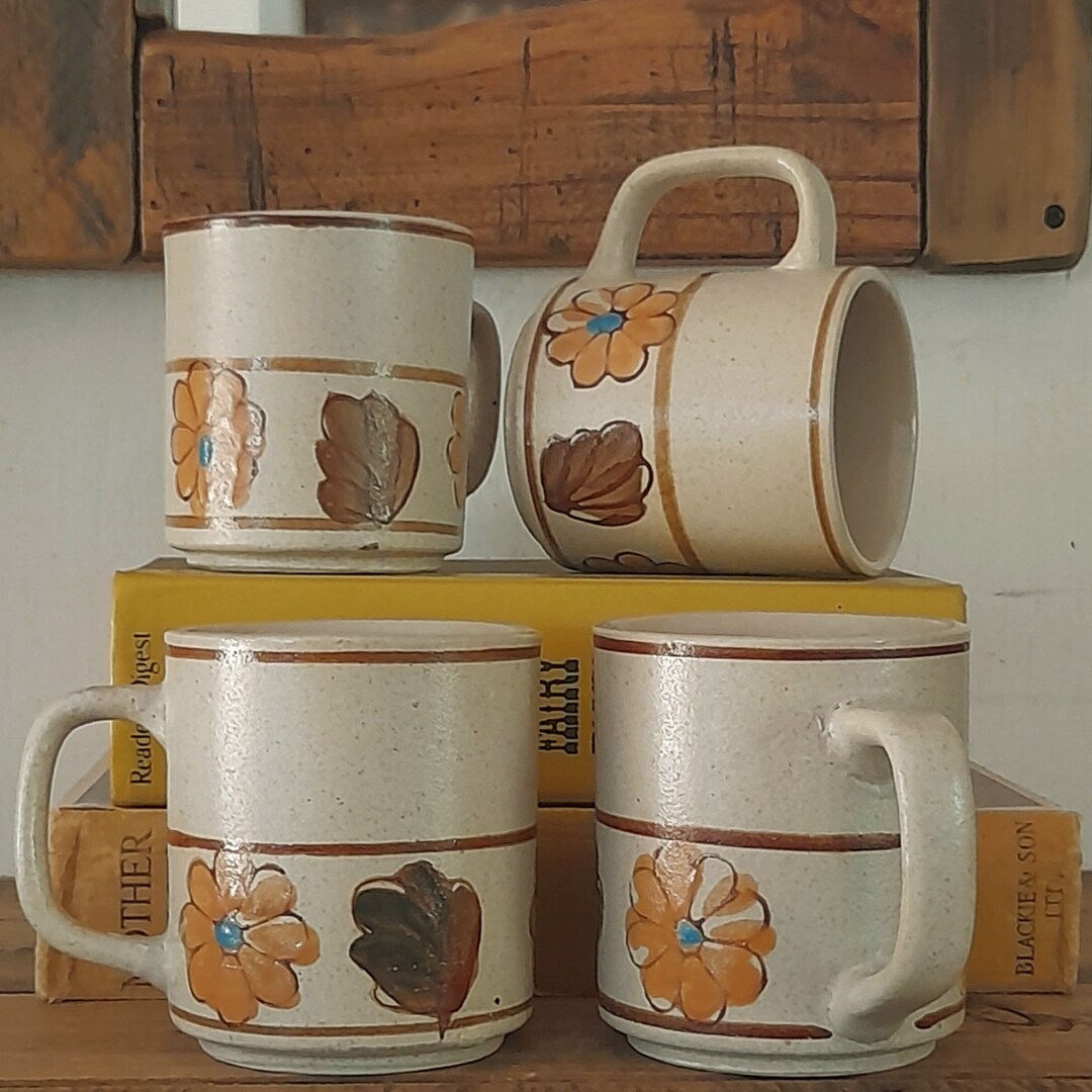 Vintage Hand Painted Stoneware Pottery Coffee Mugs set of 4 - Etsy ...