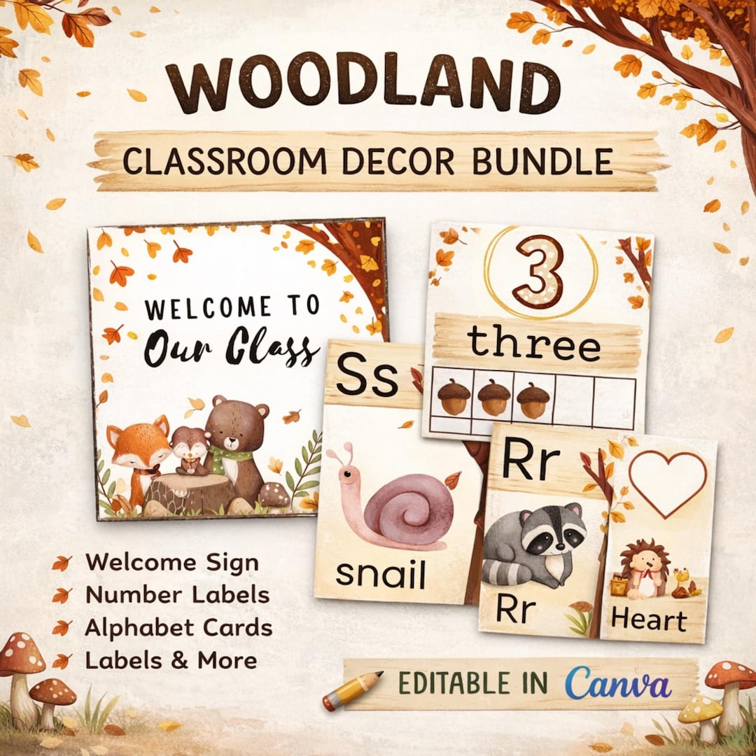 Woodland Animals Classroom Decor Bundle, Editable Printable (canva) - Etsy