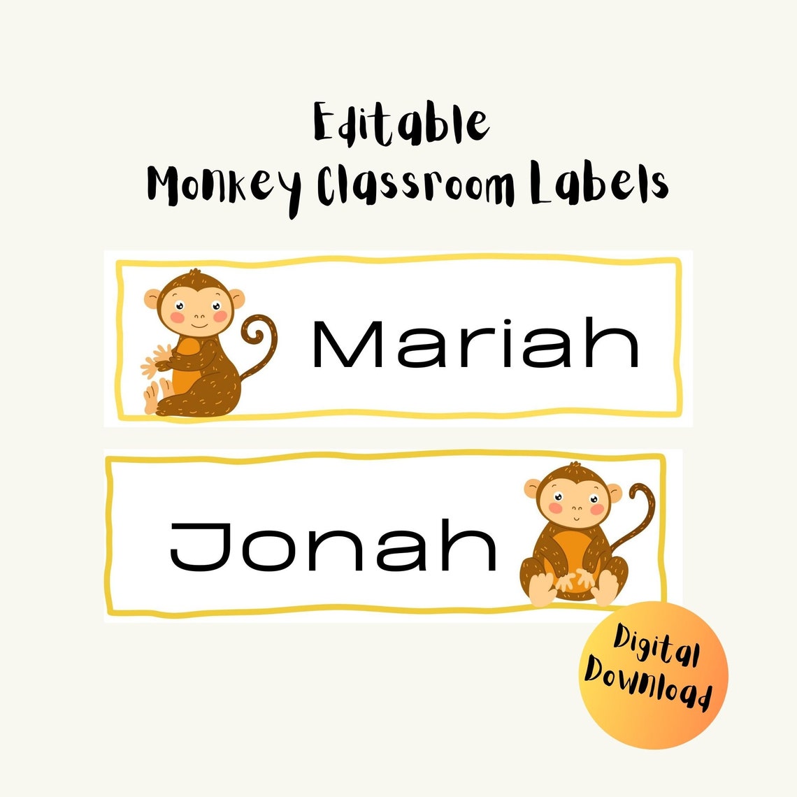 Editable Monkey Classroom Name Labels, Printable Cubby Tags (digital ...